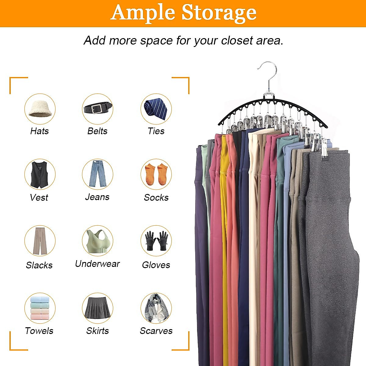 3Pack Legging Organizer for Closet, Metal Yoga Pants Hanger w/Rubber Coated 3 Pack w/15 Clips Hangers Space Saving Closet Organizers and Storage, Black