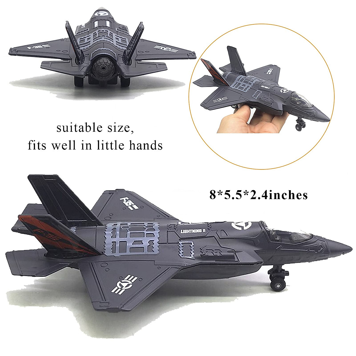OTONOPI Fighter Jet Military Plane Model F-35 Aircraft Army Air Force Diecast Metal Pull Back Bomber Attack Plane with Lights and Sounds for Kids or Commemorate Collection