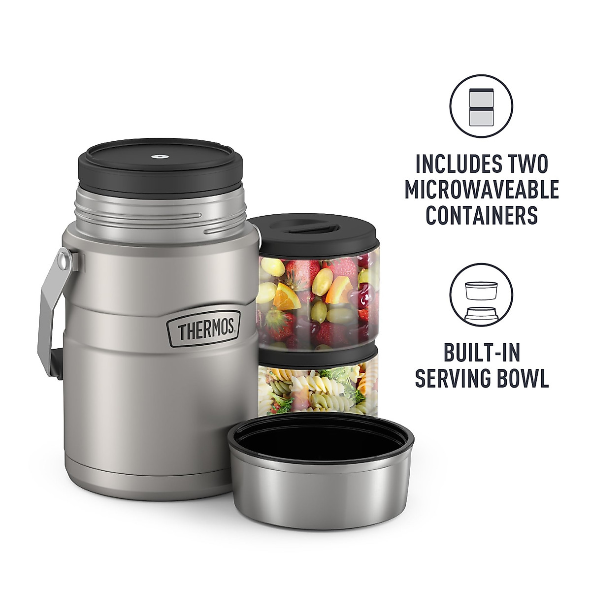 THERMOS Stainless King Vacuum-Insulated Food Jar with 2 Storage Container Inserts, 47 Ounce, Matte Steel