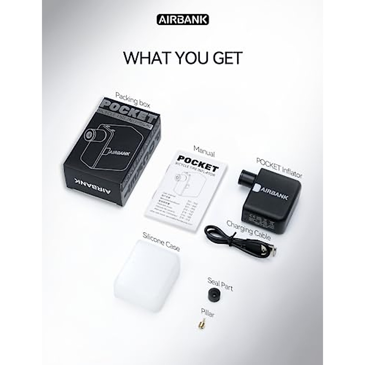 AIRBANK Electric Bike Pump Pocket, 100PSI Mini Cordless Bicycle Pump with Rechargeable Battery for Shrader & Presta Valves