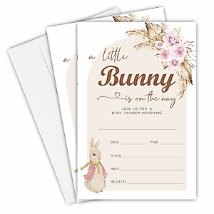 JCVUK Baby Shower Invites,Boho Bunny Theme Baby Shower Invitation Cards With Envelopes(25 Pack), Bunny Baby Shower Decorations And Supplies For Boys Girls(YQK-B04)