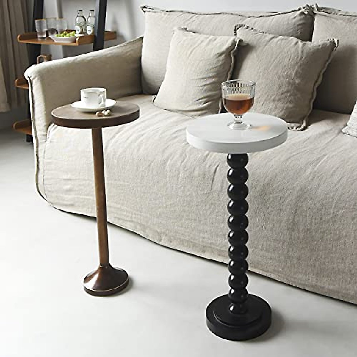 COZAYH Small Pedestal End Table, Metal Base Side Table, Drinking Table with Scratching Distressed Finish, Light Espresso, Brown Desktop (BY-TB0009)
