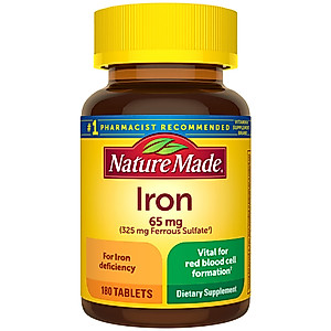 Nature Made Iron 65 mg (325 mg Ferrous Sulfate) Tablets, Dietary Supplement for Red Blood Cell Support, 180 Tablets, 180 Day Supply
