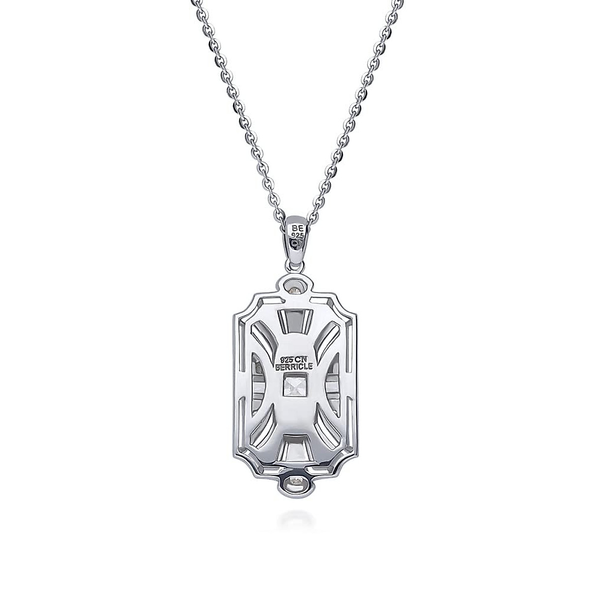 BERRICLE Sterling Silver Art Deco Cubic Zirconia CZ Milgrain Pendant Necklace for Women, Rhodium Plated