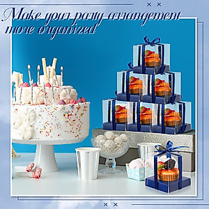 Thenshop 50 Pcs Clear Cupcake Boxes Individual 3.5 Inch Plastic Single Cupcake Containers Boxes with Inserts and Ribbon Individual Cake Storage Holders for Cake Kitchen(Dark Blue)