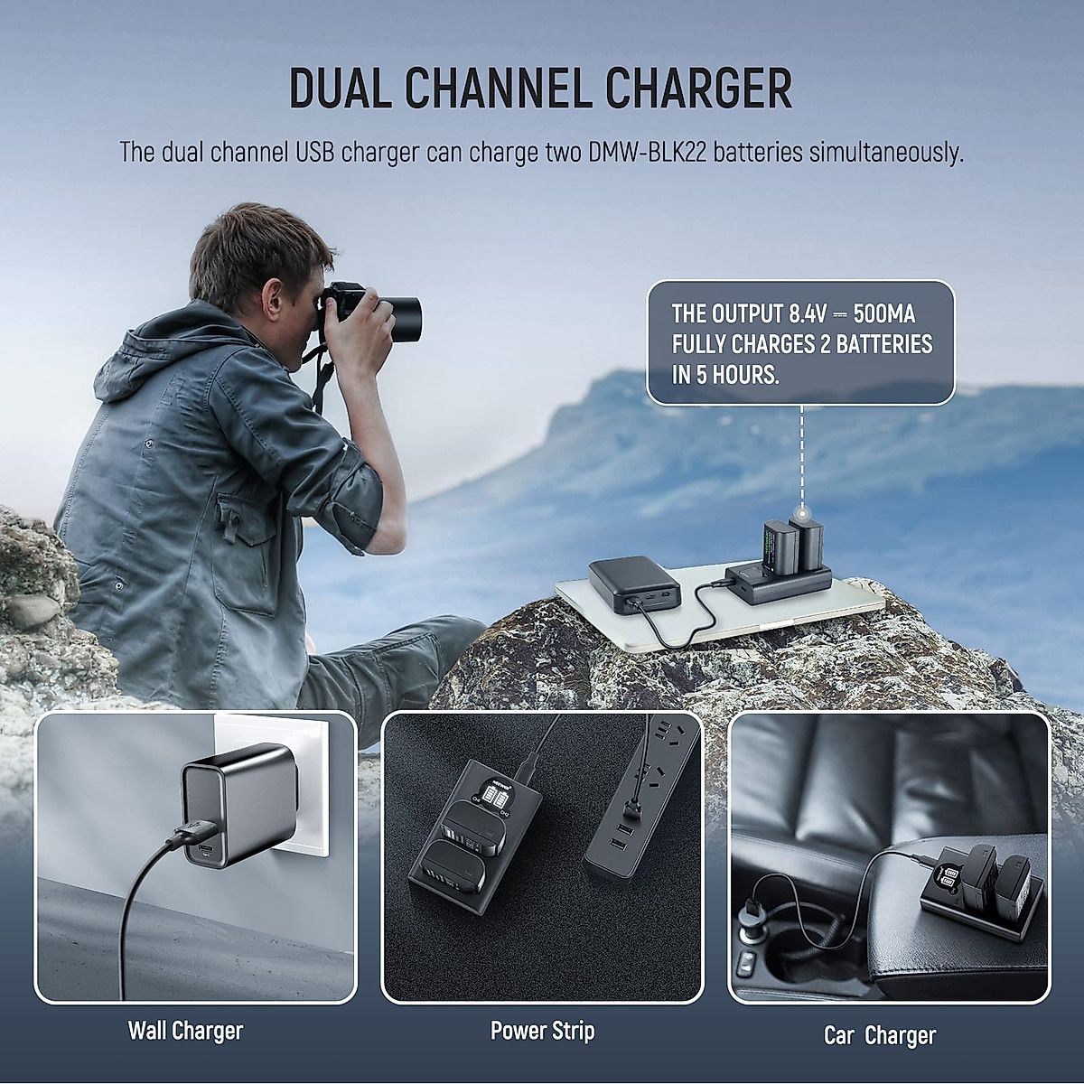 NEEWER DMW-BLK22 Replacement Battery and Charger Set, 2 Pack 2400mAh Batteries and Type C Dual Channel USB Charger, Compatible with Panasonic Lumix DC-S5 DC-S5 II DC-S5 IIX GH5 II GH6 S5II S5M2 GH5M2