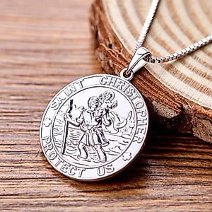 YL St Christopher Pendant Saint Medal Necklace 925 Sterling Silver Religious Engraved Medallion, 18"
