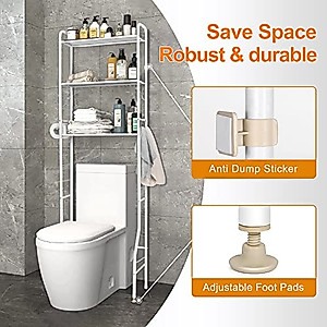 BHFOW Toilet Storage Rack, 3-Tier Over-The-Toilet Bathroom Spacesaver, Bathroom Shelf Organizer, Freestanding Above Toilet Rack with Hooks (White)