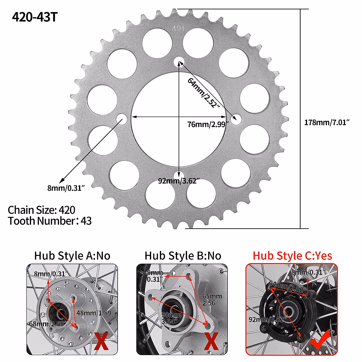 RUTU 420 Chain Sprocket Rear Sprocket 43 Tooth 76mm for Chinese 50 70 90 110 125 140cc 150 160 170 Cc Apollo RFZ CRF50 XR50 SDG IMR SSR YCF Kayo Thumpstar Coolster Pit Dirt Motor Bike Motorcycle