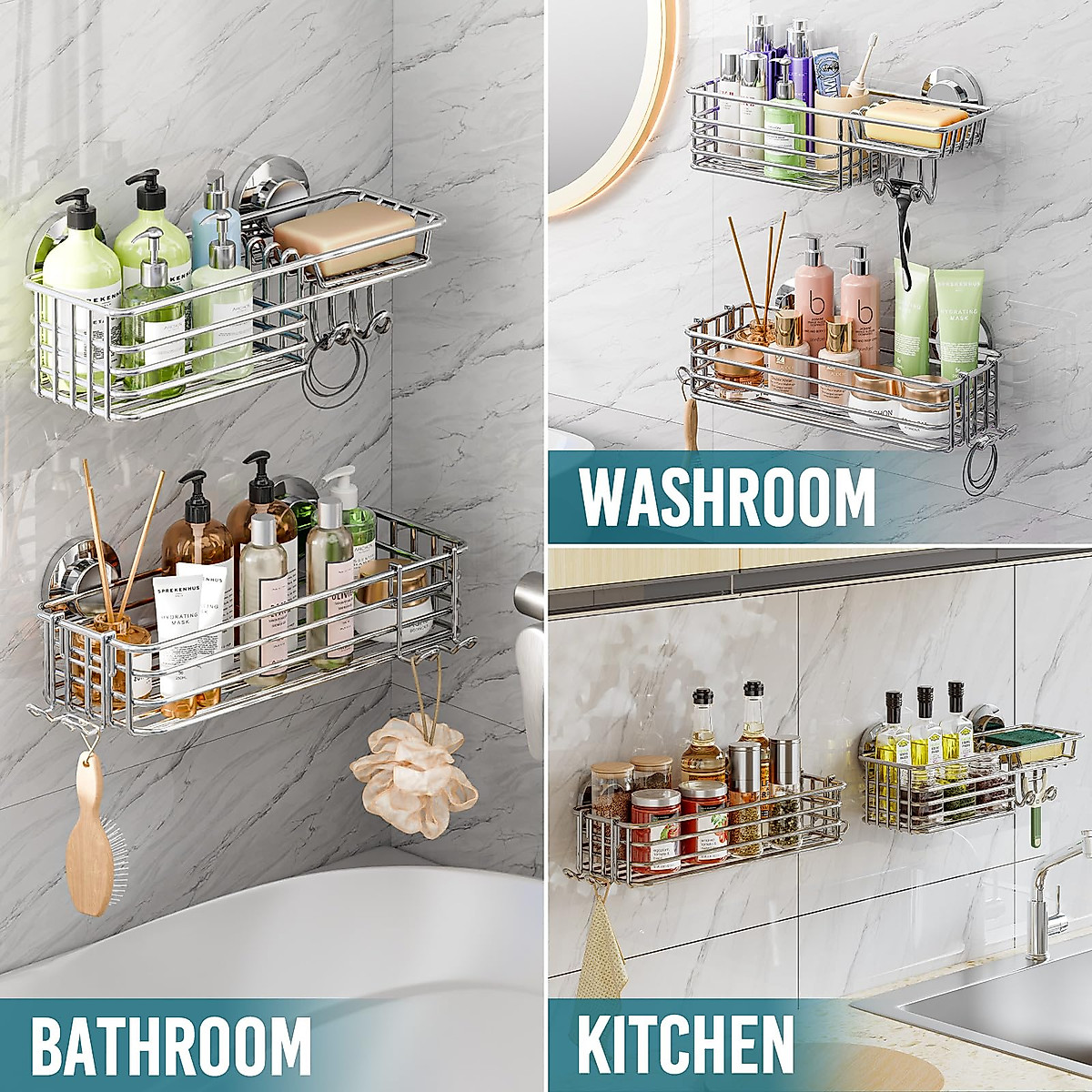 TAILI Shower Caddy Suction Cup 2 Pack with Hooks & Soap Holder, Heavy Duty Shower Organizer for Bathroom, No Drilling Silver Shower Shelves for Inside Shower, Stainless Steel Shower Holder