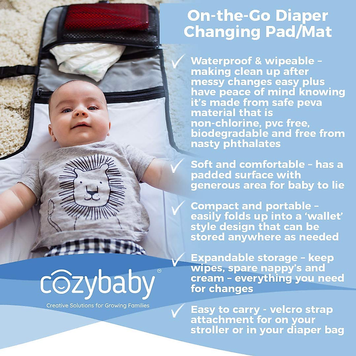 Cozy Baby's On-The-Go Diaper Changing Pad/Station/Mat - Waterproof Padded Diaper Changing Station/Mat with Storage Makes Messy Change Time a Breeze for Busy Moms (Pink Cheer)