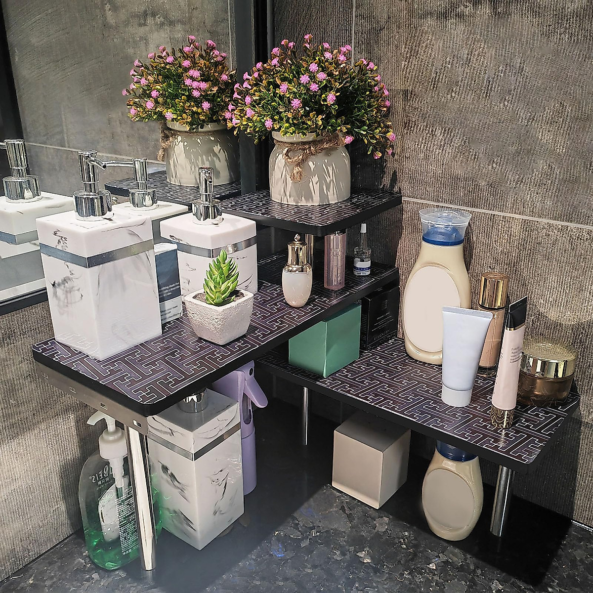 HYNAWIN Countertop Shelf,Bamboo Corner Shelf Over The Table with Printed Pattern,Desktop Storage and Organization