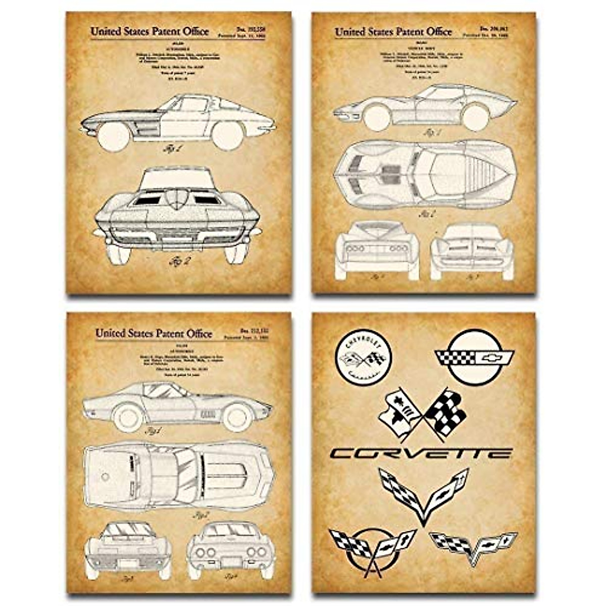 Original Corvette Patent Art Prints - Set of Four Photos (8x10) Unframed - Makes a Great Man Cave Decor and Gift Under $20 for Corvette Owners and Car Enthusiasts