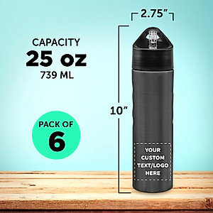 DISCOUNT PROMOS Custom Slim Stainless Steel Water Bottles 25 oz, 6 pack, Personalized Text, Logo, Reusable Gym Sports Bulk Pack, Charcoal