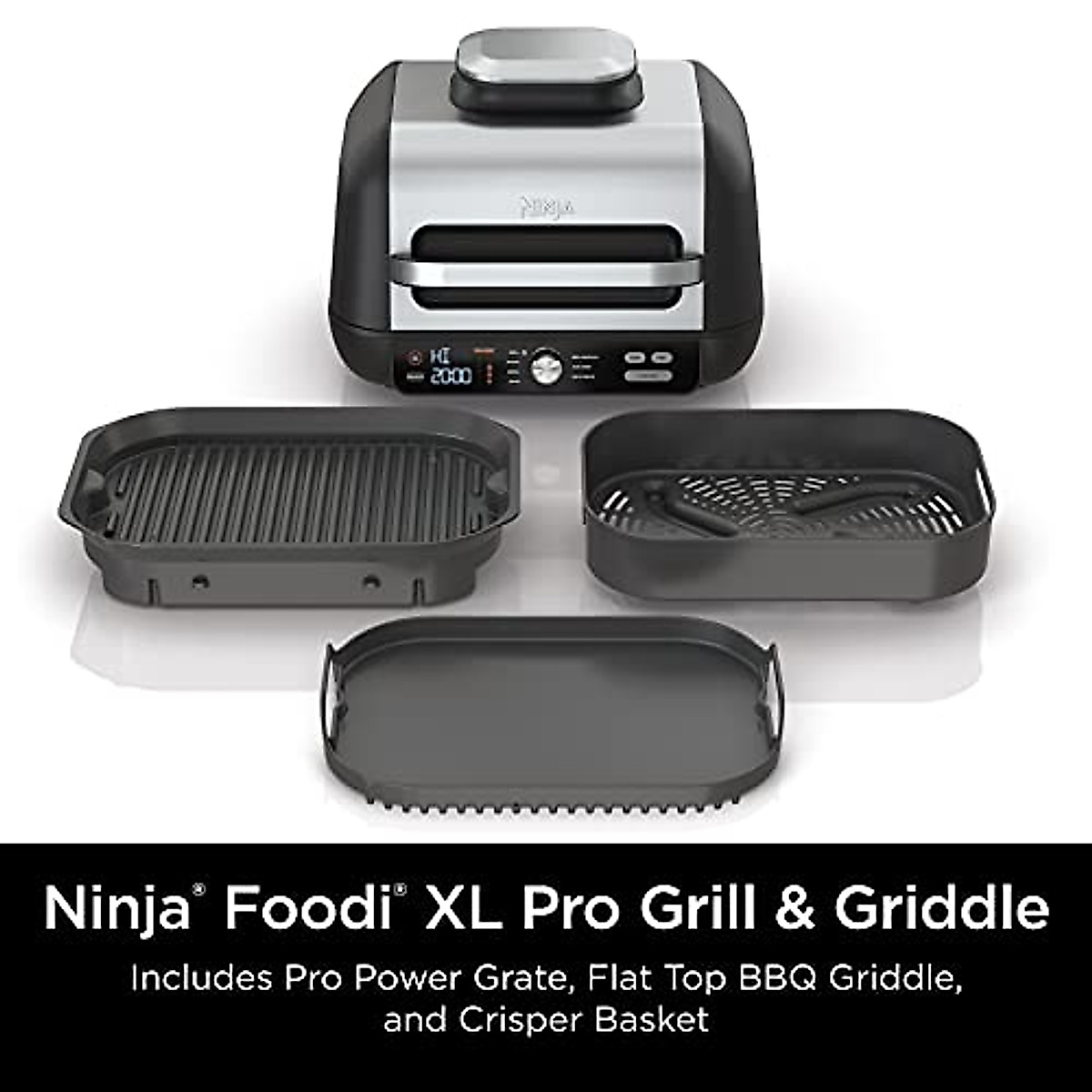 Ninja IG601 Foodi XL 7-in-1 Indoor Grill Combo, use Opened or Closed, Air Fry, Dehydrate & More, Pro Power Grate, Flat Top Griddle, Crisper, Black, 4 Quarts