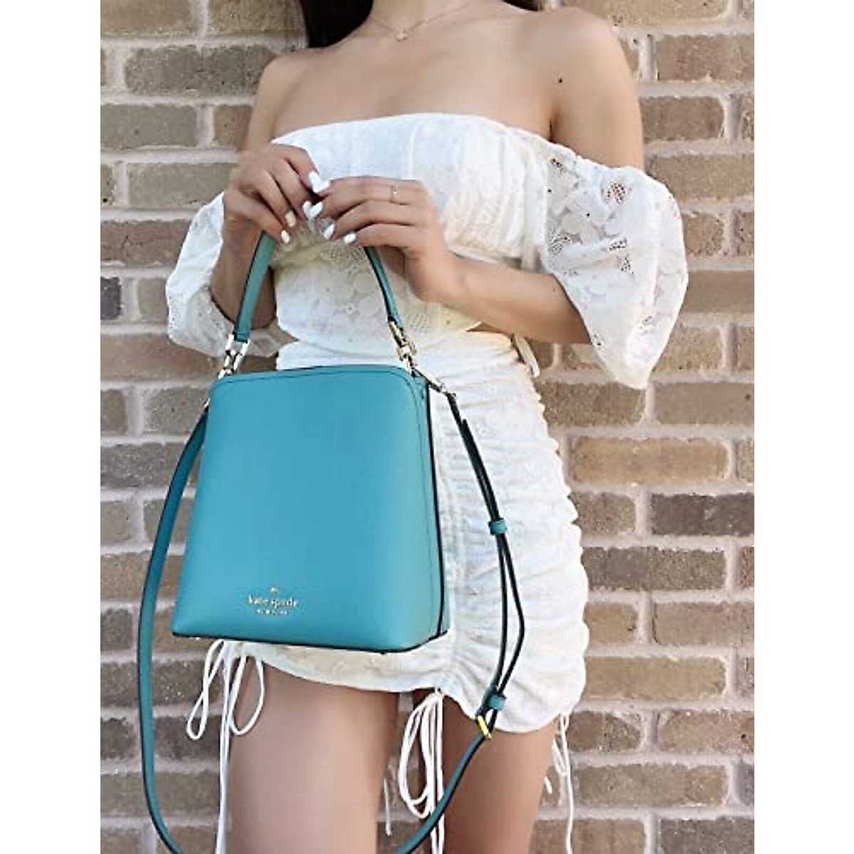 Kate Spade Darcy Small Bucket Bag Crossbody Stone Blue Leather