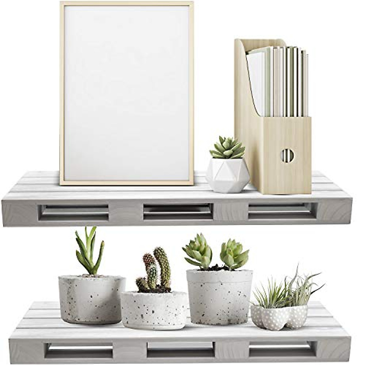 Sorbus Floating Pallet Shelves - Set of 2 - Rustic Farmhouse Wall Mount Ledge Storage Shelf Organizer - for Home Décor, Living Room, Bathroom, Bedroom, Nursery – 9.25" D x 23.62" W x 1.75" H – Grey