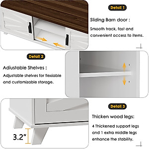 PAKASEPT Farmhouse Coffee Table with Sliding Barn Doors and Storage Cabinets Shelves, Center Table Rectangular Cocktail Table with Adjustable Shelves for Living Room, White