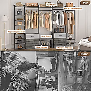 Aheaplus Clothing Rack Heavy Duty Closet Organizer for Hanging Clothes, Large Wall Mounted Garment Rack Clothes Rack with 6-Drawers for Wardrobe, Bedroom and as Walk-in Closet System, Grey Oak+Black