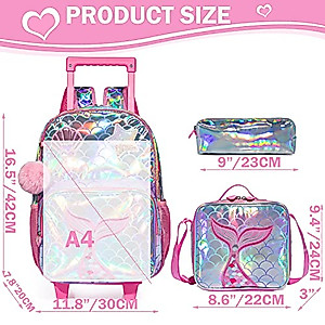 Meetbelify Rolling Backpack for Girls School Backpack with Wheels Kids Roller Luggage for Elementary Kindergarten Students with Lunch Box Pencil Case for Girls 5-12 Years Old