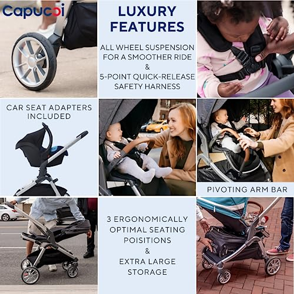 Capucci Velos Versatile Luxury Stroller, Patented Instant One-Button One-Action, Self Standing Fold, Full Size, Full-Feature Modular Baby Stroller w/Reversible Seat & Car Seat Adapters, Sea Foam