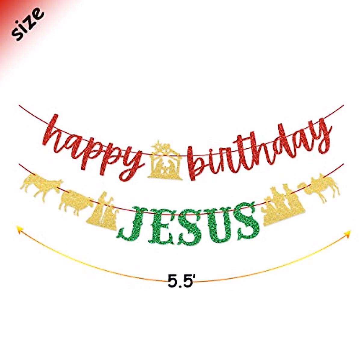 Happy Birthday Jesus Glitter Banner Pre-strung Happy Birthday Jesus Cake Topper for Christian Christmas Jesus' Birthday Decor