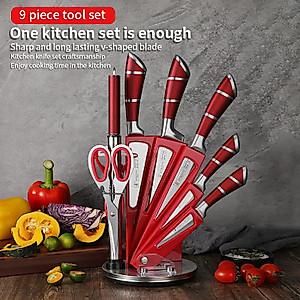 Kitchen Knife Set, CHEFDEER 9-Piece Pink Sharp Non-Stick Coated Chef Knives Block Set,Stainless Steel Knife Set for Kitchen with Sharpener for Cutting Slicing Dicing Chopping (Red)