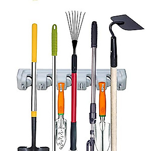 Mop Broom Holder, Garden Tools Wall Mounted Commercial Organizer Saving Space Storage Rack for Kitchen Garden and Garage,Laundry Offices(5 Position with 6 Hooks)