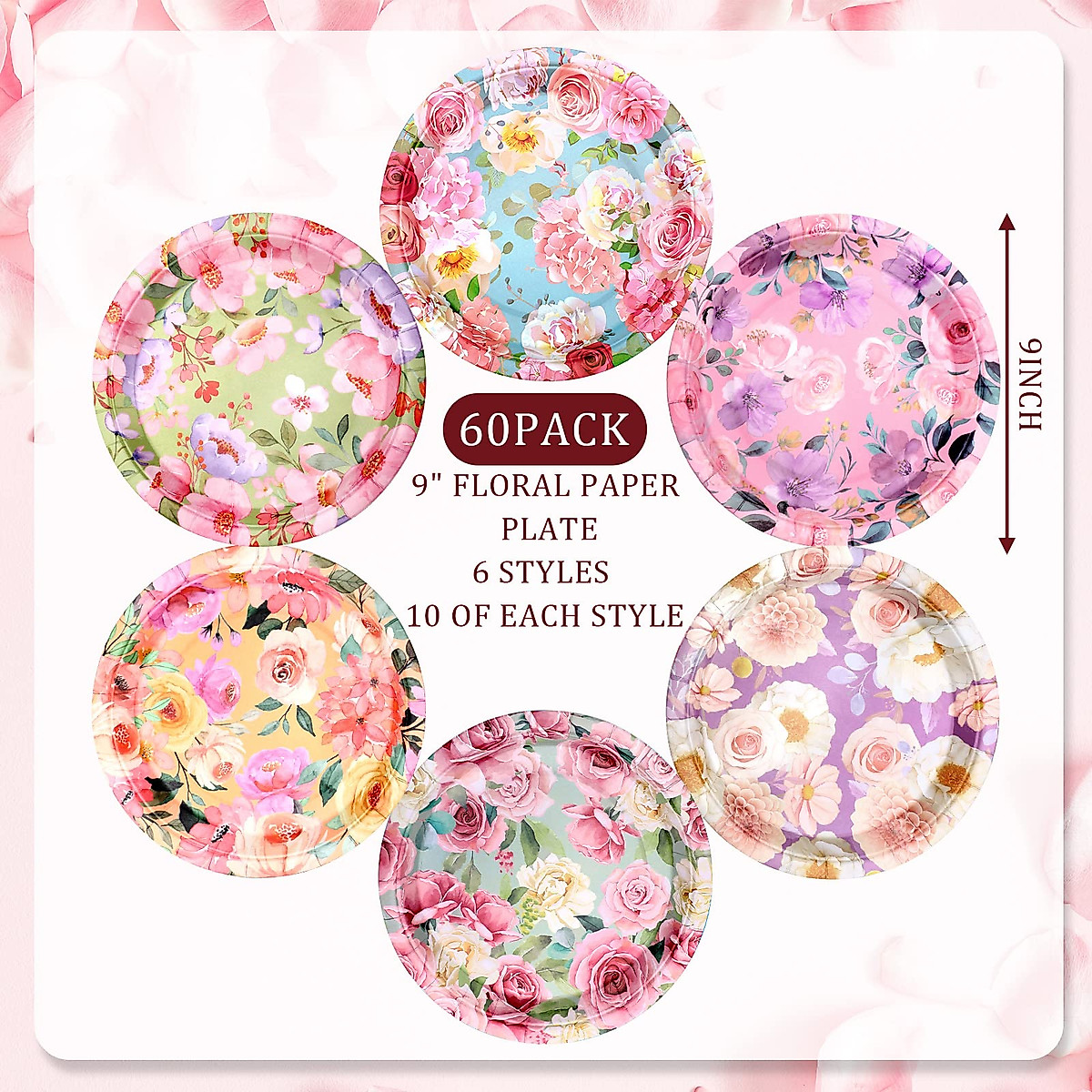 60 Pcs Floral Paper Plates Disposable Dessert Plates 9 Inch Tea Party Plates Party Paper Plates Floral Birthday Decorations for Wedding, Anniversary, Bridal Shower, Birthday, Baby Shower, Graduation