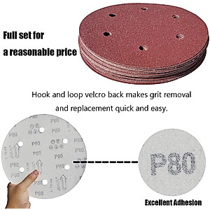 Tonmp 50 PCS 9 Inch 6 Hole Hook-and-Loop Sanding Discs for Drywall Sander -10 Each of 60 80 120 150 240 Grits Sander Paper
