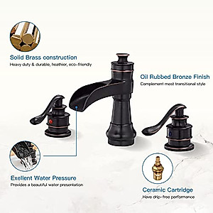 BWE Waterfall Widespread Bathroom Faucet 3 Hole Oil Rubbed Bronze Farmhouse 8 Inch Pop Up Drain Stopper Assembly Overflow Supply Line Lead-Free Faucets Parts Two Handle Bath Vanity Lavatory Sink
