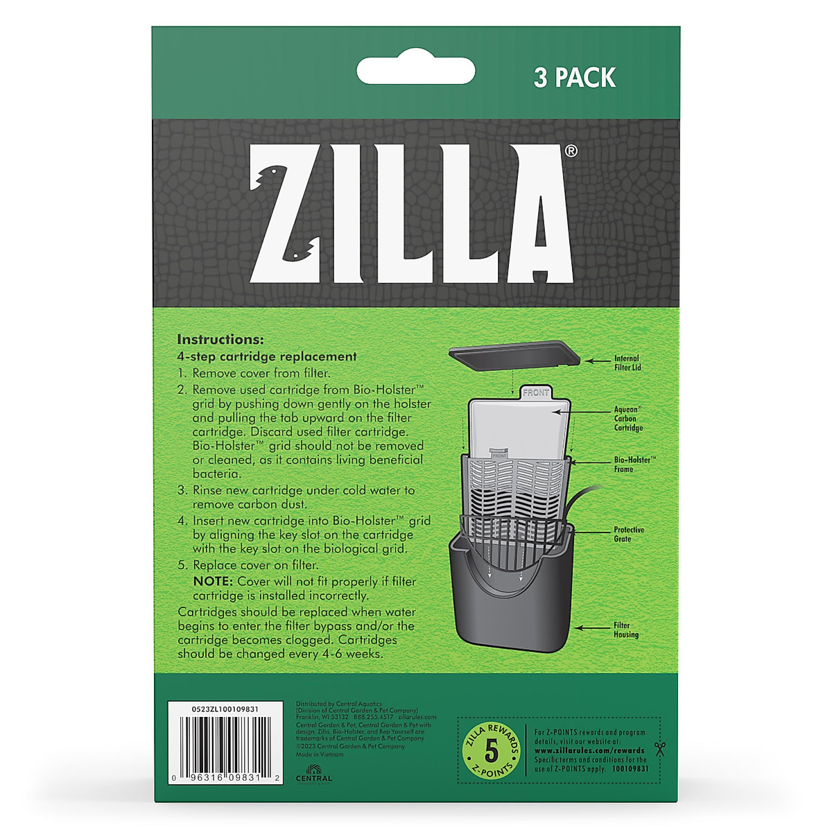 Zilla Reptile Pet Terrarium Water Filter Replacement Cartridge, Large, 3-Pack