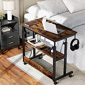 YITAHOME Height Adjustable Table with Charging Station, Portable Desk with Wheels, Small Standing Rolling Computer Desk with Tiltable Tabletop and Storage Bag, Brown