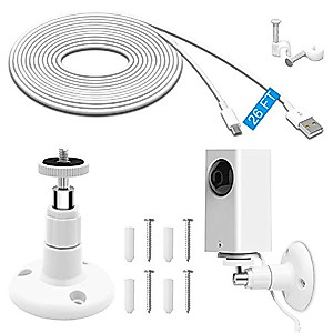 26FT Power Extension Charging Cable with Wall Mount for Wyze Cam Pan/ Wyze Cam Pan v2,Mounting Kit Including Charging and Data Sync Cord,Adjustable 360 Degree Swivel Ceiling Mount and 30 Wire Clips