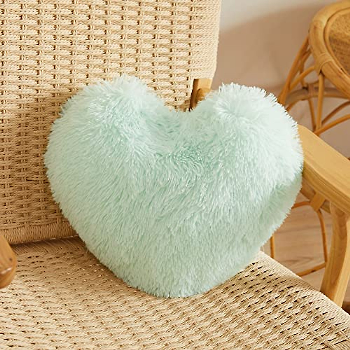 MEGO Fluffy Heart Pillow, Faux Fur Decorative Throw Pillow, Plush Shaggy Heart Shaped Pillow w Insert&Cover, Cute Furry Throw Pillows for Couch Bed Sofa Kid Girls Women Valentine's Day Gift Aqua Green