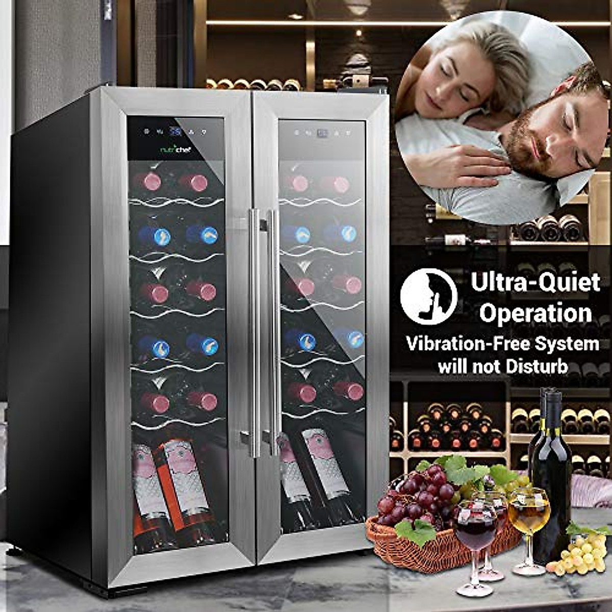 NutriChef PKCWC24 Cellar Cooler for White and Red Wines Chiller, 24 Bottle Dual Zone-Stainless Steel