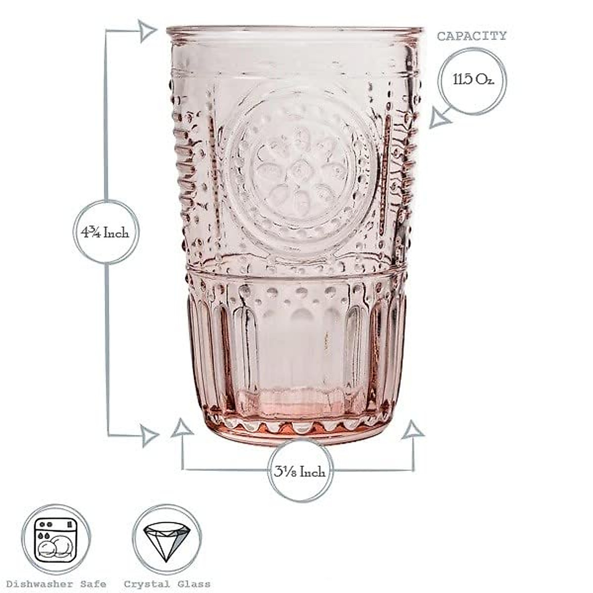 Bormioli Rocco Romantic Set Of 6 Tumbler Glasses, 11.5 Oz. Colored Crystal Glass, Cotton Candy Pink, Made In Italy.