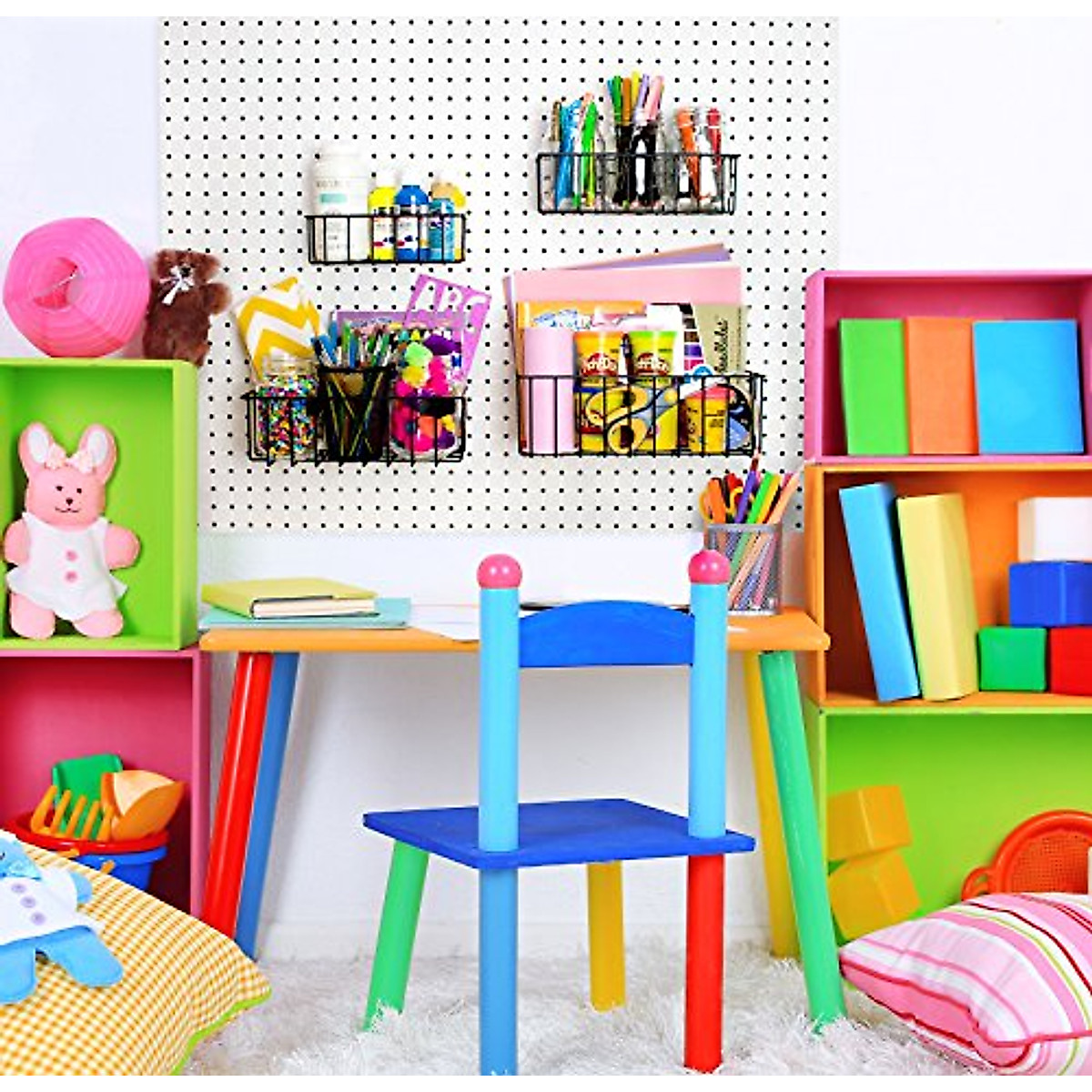 ToolAssort Pegboard Basket Set of 4, Hooks Easily to Arrange Accessories, Organizer Bins Transform any Garage, Crafts Room, Nursery or Kitchen, Black Vinyl Coated Wire Basket Kit