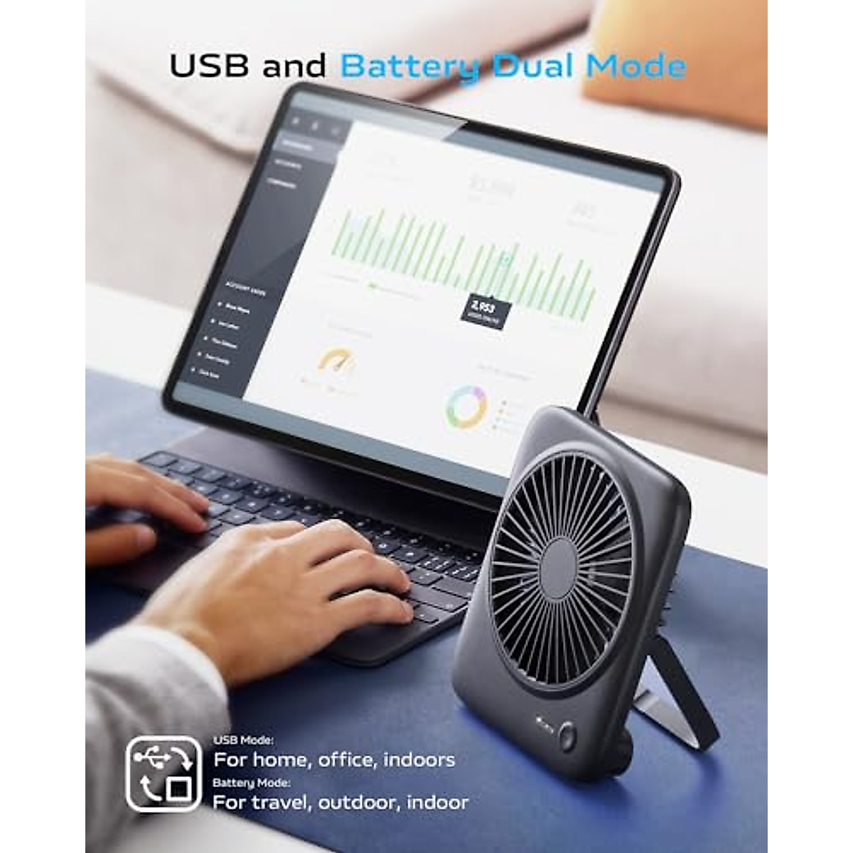 Otlonpe Desk Fan Rechargeable Portable Fan, 4000mAh Battery Operated Personal Silent Table Fan, 6.5 Inch Small Travel Fan with Power Bank, 4 Speeds Desktop Fan for Bedroom Home Office Outdoor, Black
