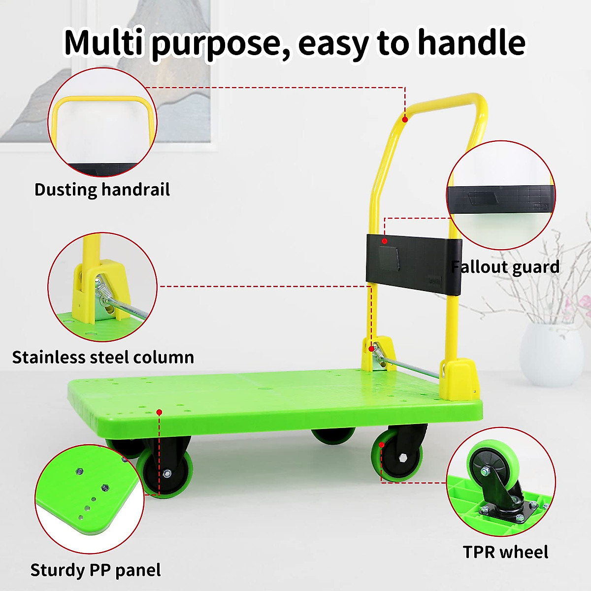 Uholan Service Cart Platform Truck, Heavy Duty 880LBS Plastic Utility Cart 35.2"x 23.4" Platform Cart Dolly Warehouse Moving Push Hand Truck,Heavy-Duty Utility Hand Truck（Green）