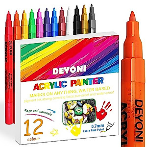 DEYONI 12 Colors Acrylic Paint pens for kid 0.7mm,Extra Fine Paint Pens Acrylic Markers Canvas, Rock Painting, Wood, Fabric, Ceramic, Stone, Metal,art supplies