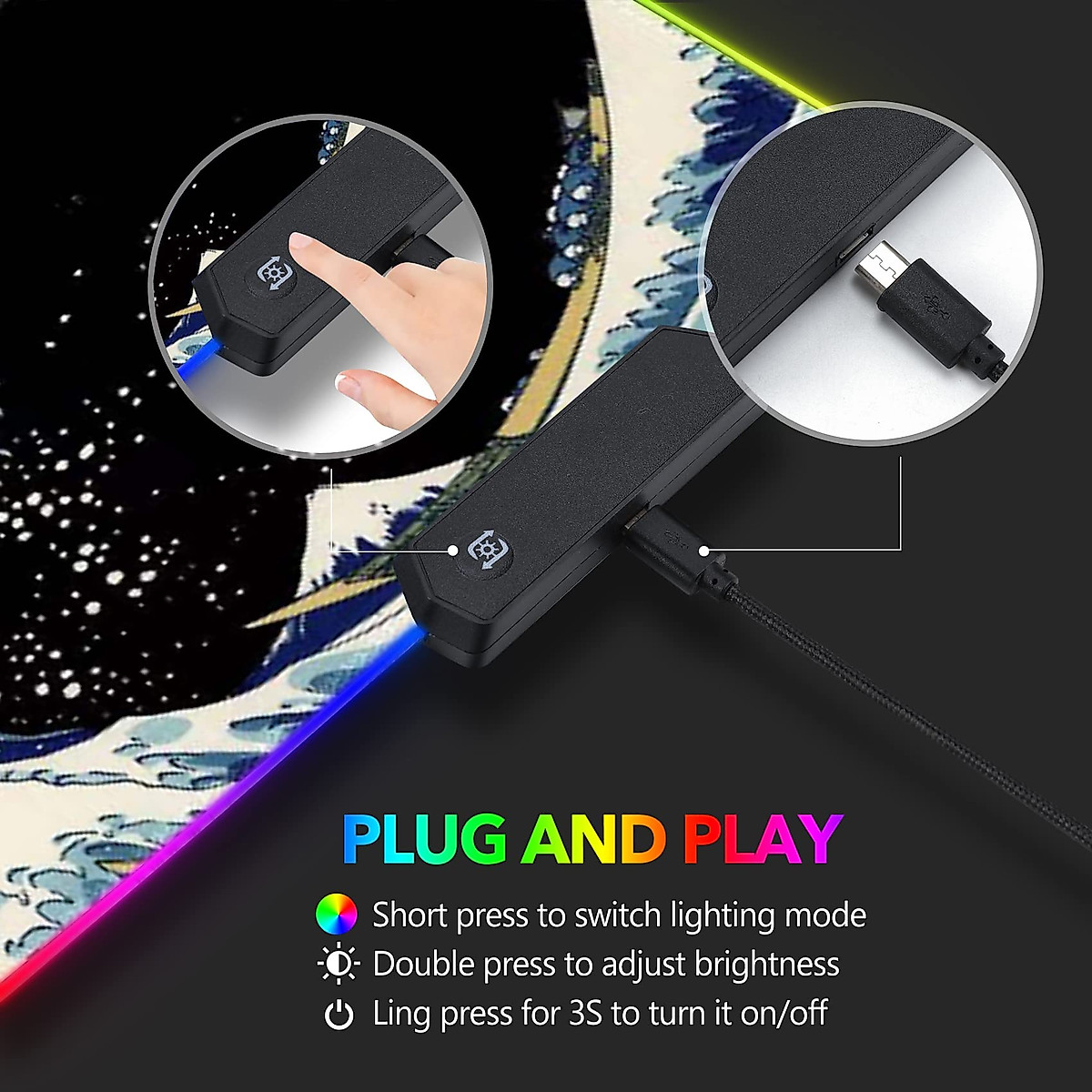 RGB Gaming Mouse Pad Large, AIMSA Keyboard Led Mousepad Extended 35.4 x 15.8 inch Non-Slip Rubber Base with 14 Lighting Modes, Big Desk Mat Waterproof, Big Waves