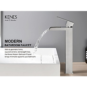 KENES Tall Bathroom Vessel Sink Faucet, Brushed Nickel Tall Waterfall Bathroom Faucet, Single Handle Waterfall Bathroom Faucet Lavatory Vanity Faucet with Pop Up Drain & Water Supply Hoses LJ-9035A
