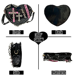 Goth Purse Kawaii Gothic Bag Y2K Heart Shaped Bag Punk Cross Decor Bag Studded Crossbody Bag (Black)