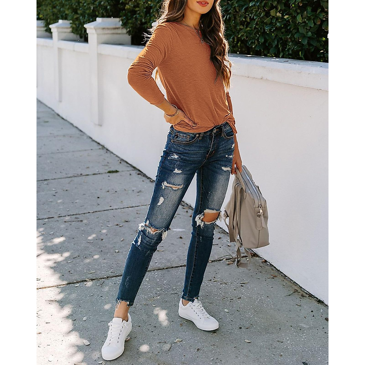 Sherosa Womens Long Sleeve Tops Dressy Casual Fall Crew Neck Solod Color Basic T-Shirts Burnt Orange,M