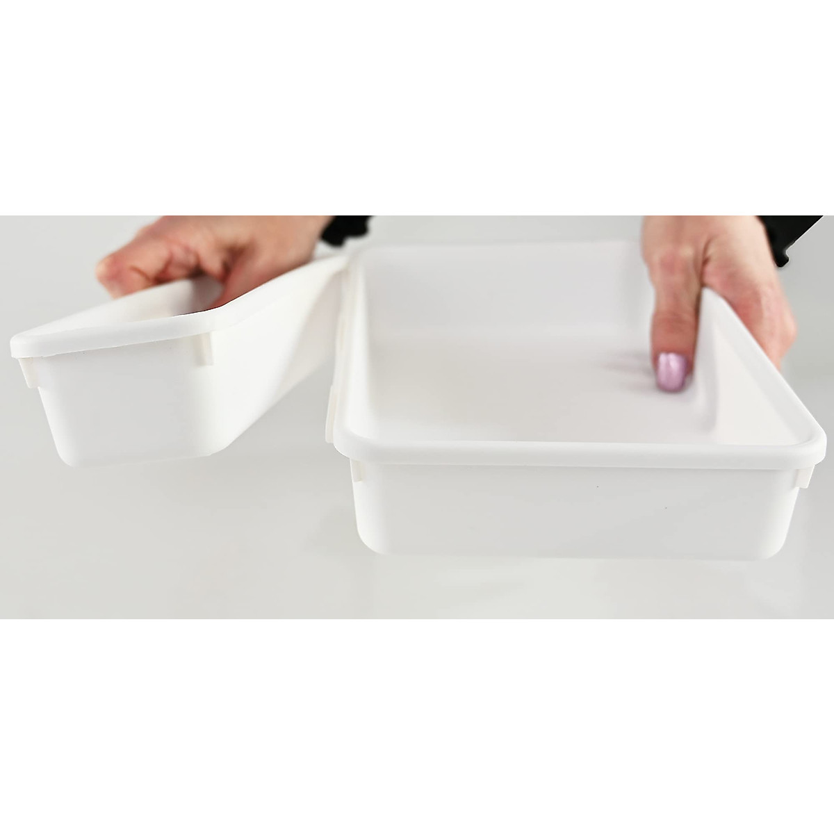 HOME-X Connecting Organizer Trays, Set of Interlocking Adjustable Trays for Organizing Office Supplies and Kitchen Utensil Drawers, Set of 8, 3 Sizes, White