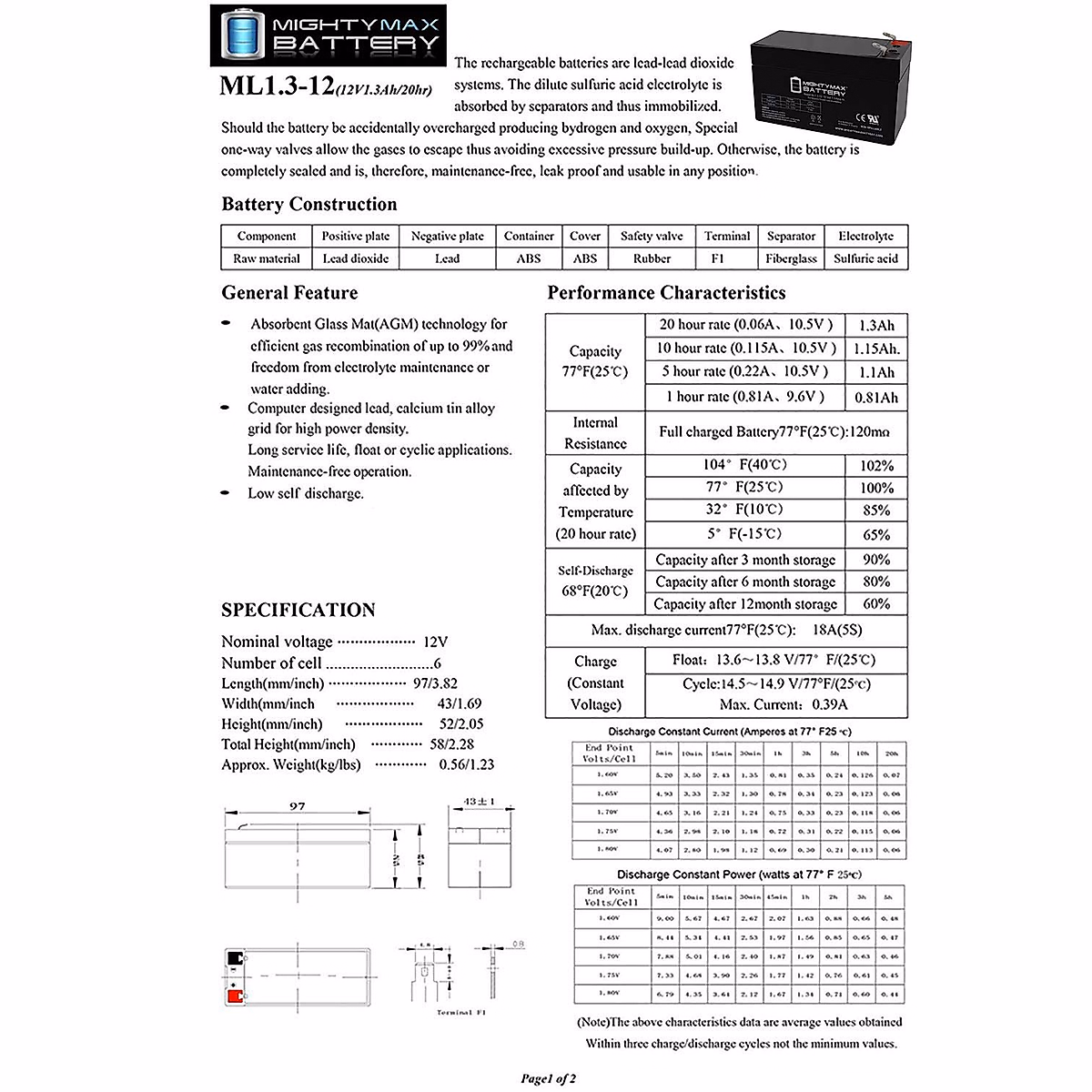 ML1.3-12 - 12 Volt 1.3 AH SLA Battery - Pack of 4