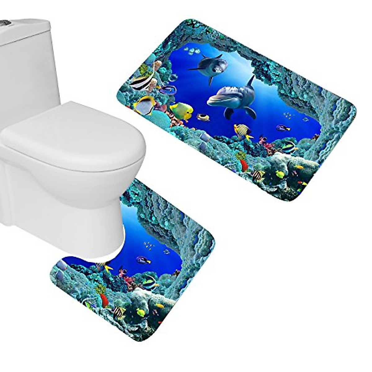 Amagical 3 Piece Ocean Style Underwater World Dolphin Bathroom Mat Contour Mat Fabric Shower Curtain Bathroom Shower Curtain Sets with 12 Hooks