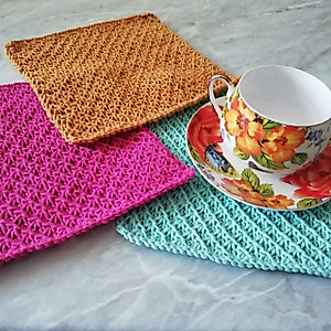 Set 3 Dishcloths Scowing Rag Towels Hand Knitted Cotton Coasters Drink Absorbent Hot Pads Mats Home Kitchen Square Reusable Cleaning Supplies Craft Tools Zero Waste Handmade