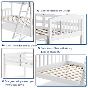 GOFLAME Twin Over Twin Bunk Beds, Convertible Into Two Individual Solid Rubber Wood Beds, Space Saving Design, Children Stylish Sleeping Bedroom Furniture with Ladder and Safety Rail (White)